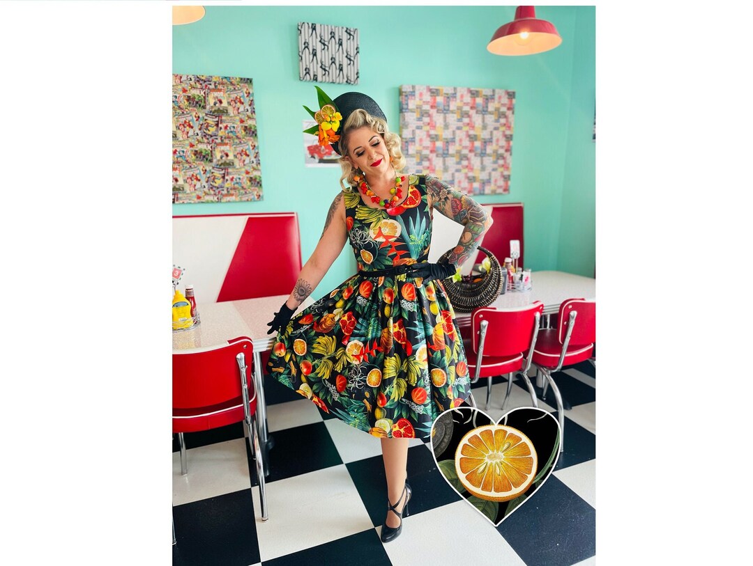 Amanda Black Tropical Fruits Print Pleated Dress - Etsy