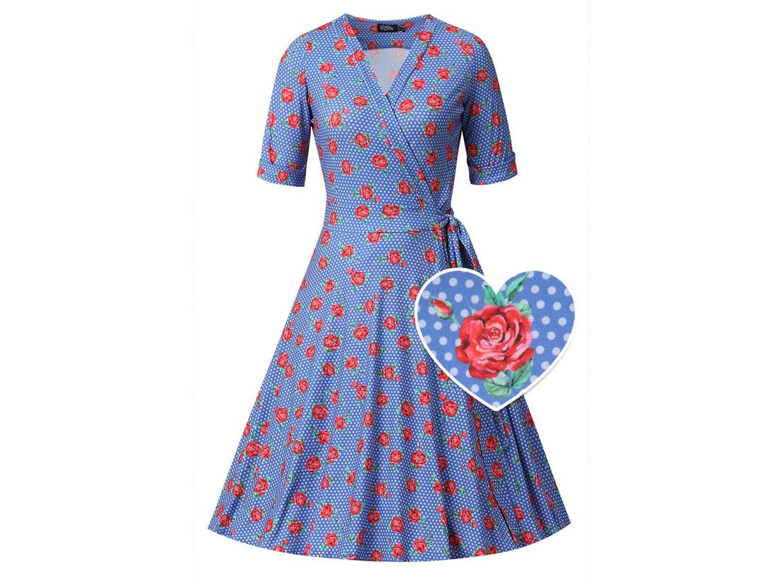 Matilda Red Rose Wrap Dress in Blue - Etsy
