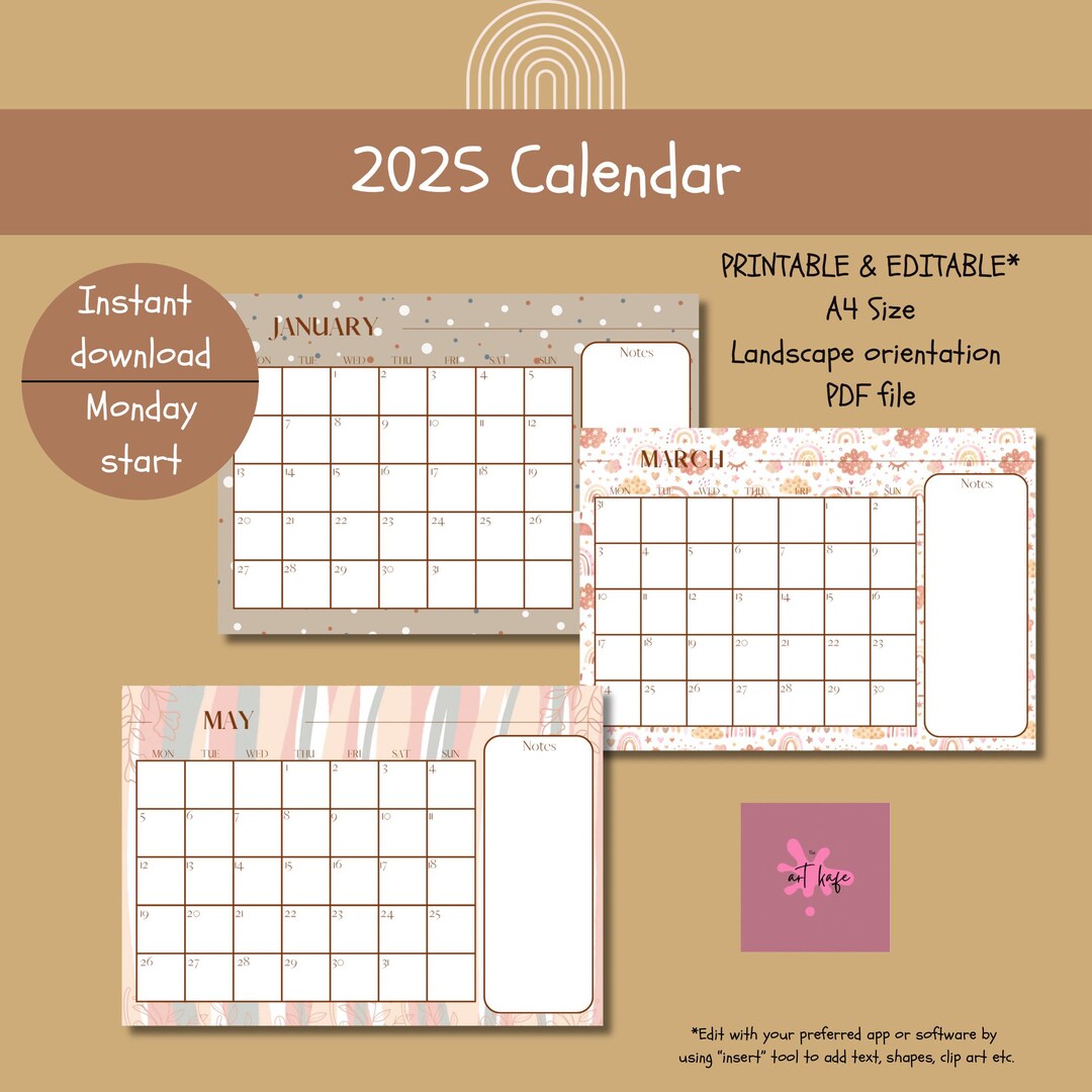 2025 Boho Brown Calendar | Printable Landscape Horizontal | A4 Size ...