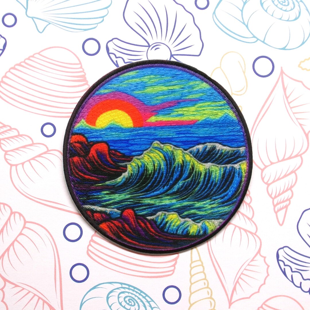 Sunset Over Ocean Patch – Coastal Retro Beach Waves Patch Applique ...