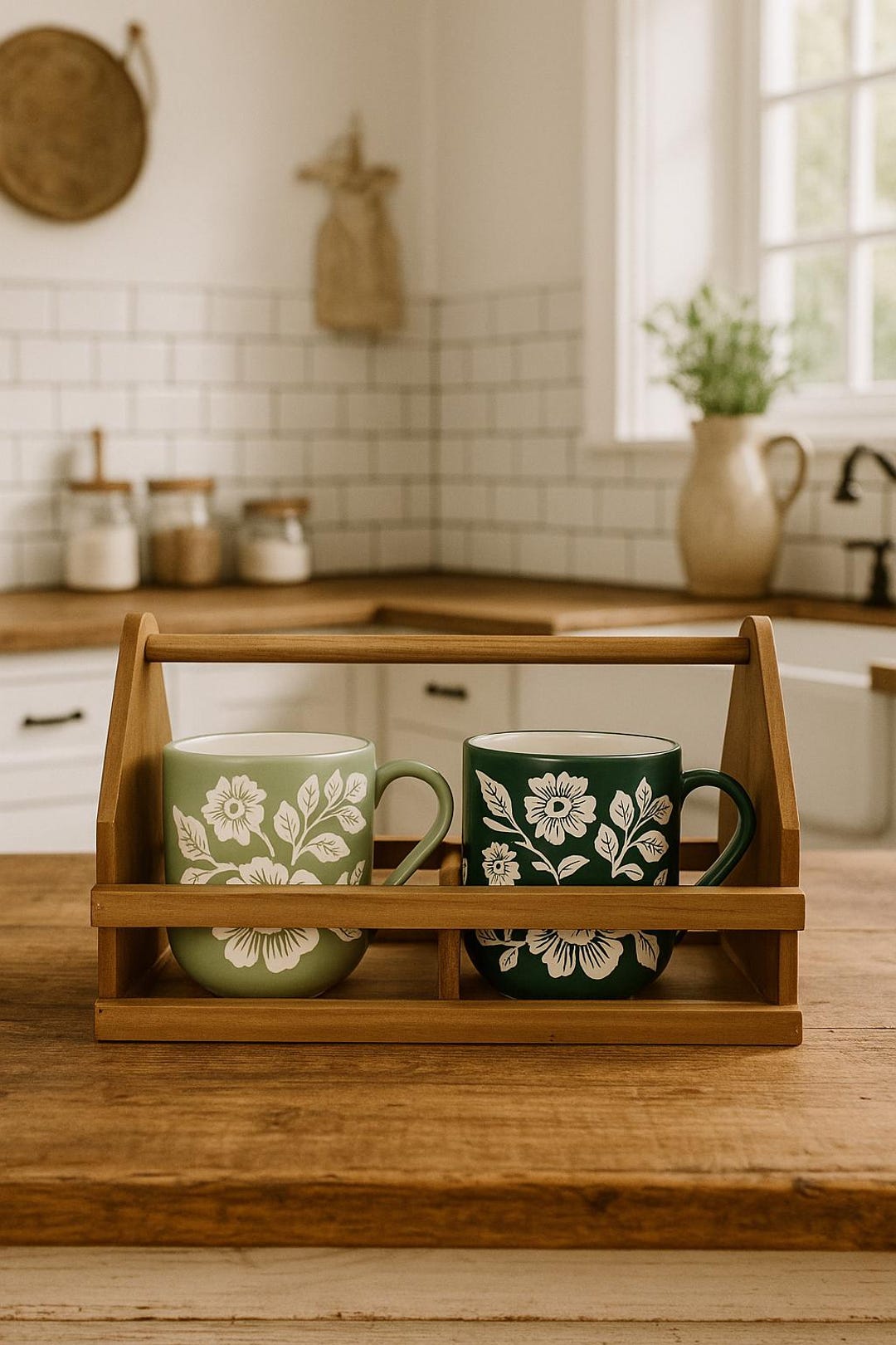 Floral Ceramic Mug Set With Wooden Caddy – Green and Sage Coffee Mugs ...