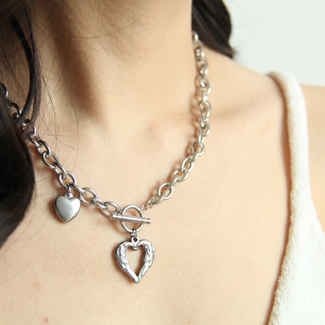 Angle Heart Charm Chunky Link Chain Necklace Silver - Etsy