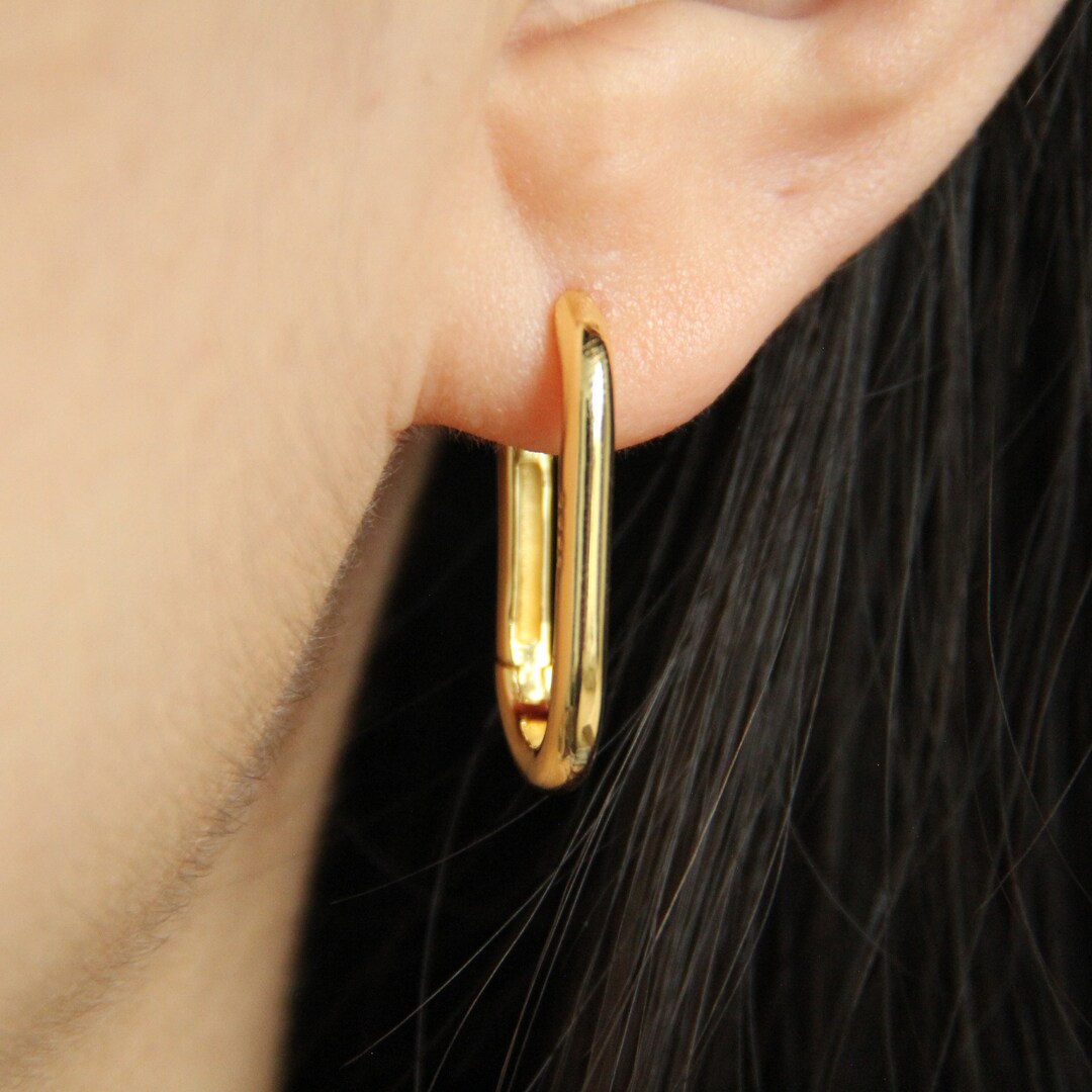 Gold U Shape Hoop Earrings Rectangular Hoop Earrings Small Thick Huggie ...
