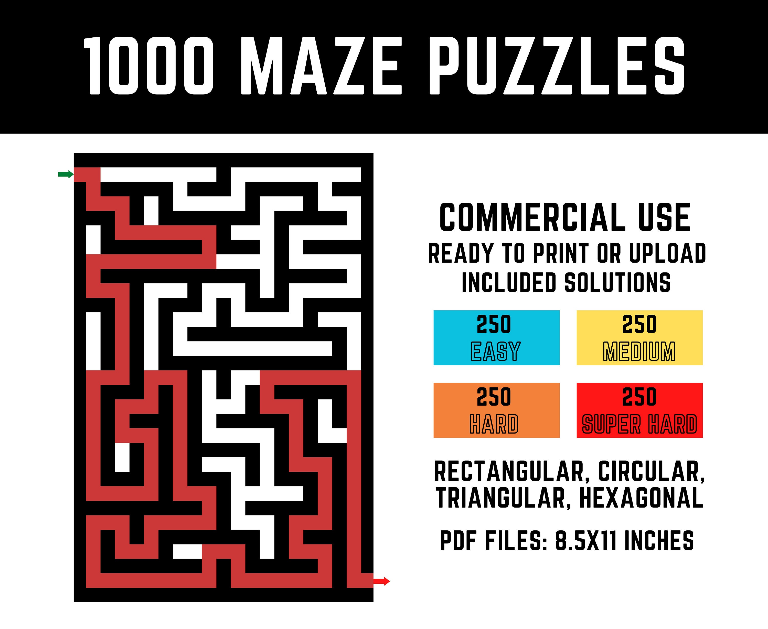 1000 Maze Puzzles for Kids & Adults | Solutions Included, Different ...