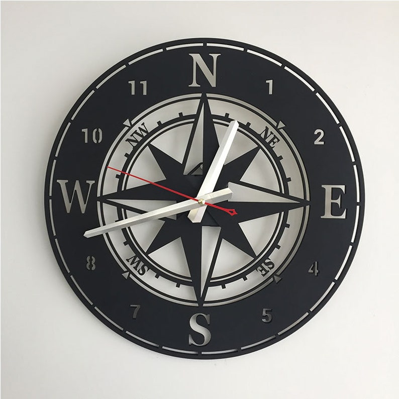 Compass Wall Clock Wooden Home Decor Hanging Ornament Traveler | Etsy