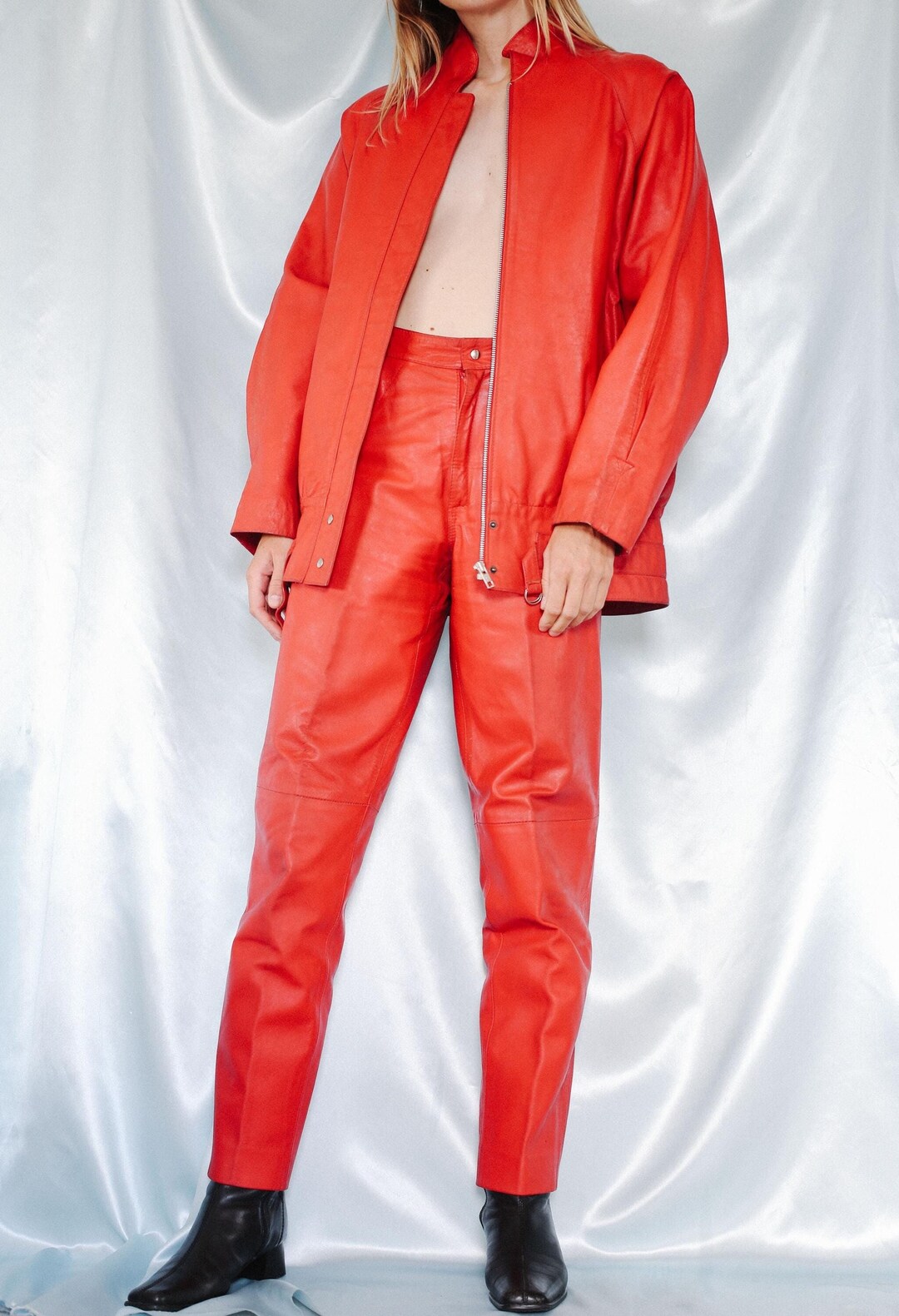 1980s Vintage Red Leather Set Ll Size S Ll 80s Ensemble Co-ord Jacket ...