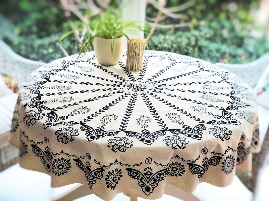 Floral Round Tablecloth: Turkish Hand Block Printed Cotton Table Cover ...