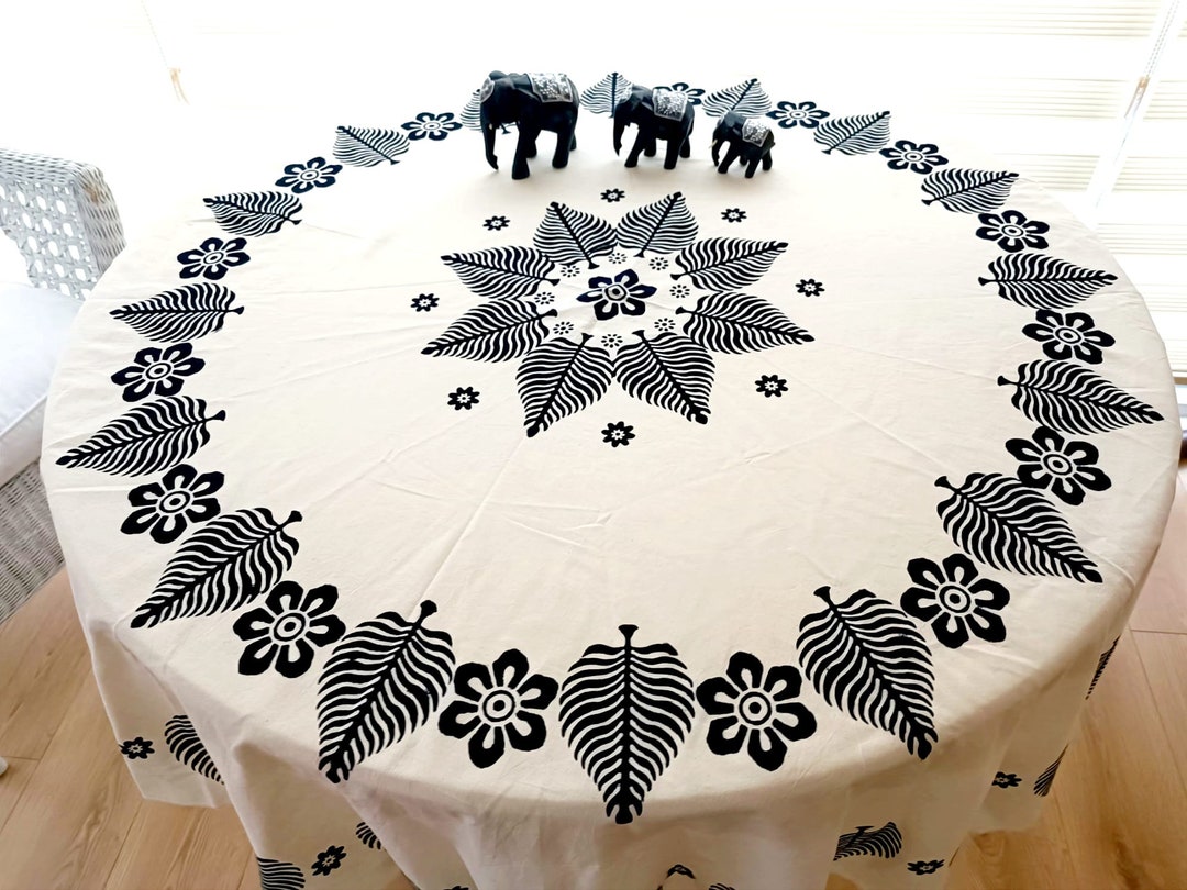 Leaf Print Round Tablecloth: Ivory Turkish Cotton, Natural Dye (68 ...