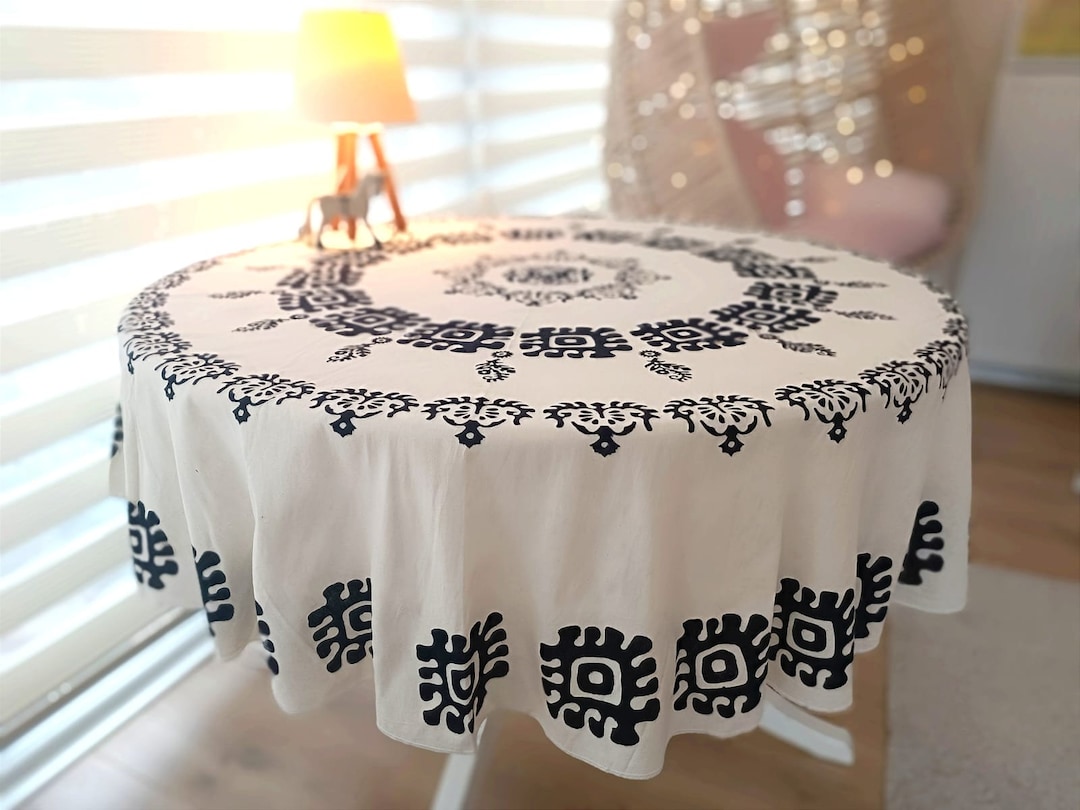 Ivory Bohemian Cotton Round Tablecloth, Turkish Woven, Hand Block Print ...