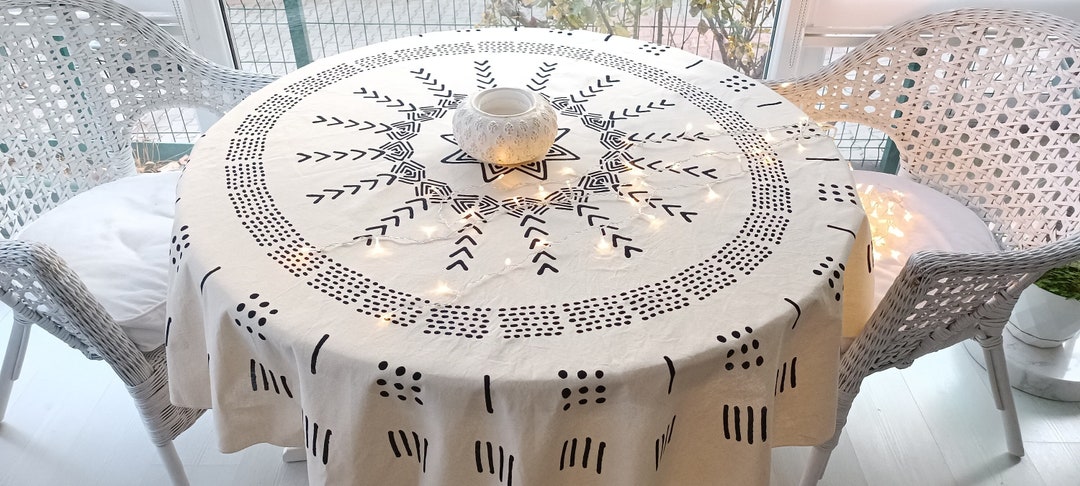 Geometric Organic Ivory Round Tablecloth, Sofa Throw Blanket With ...
