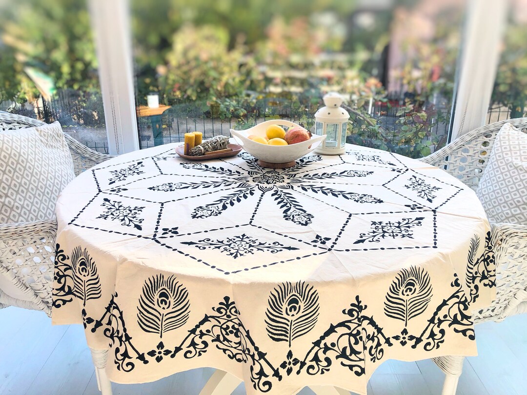 Feather Pattern Round Tablecloth: Turkish Cotton, Hand-printed (67 ...