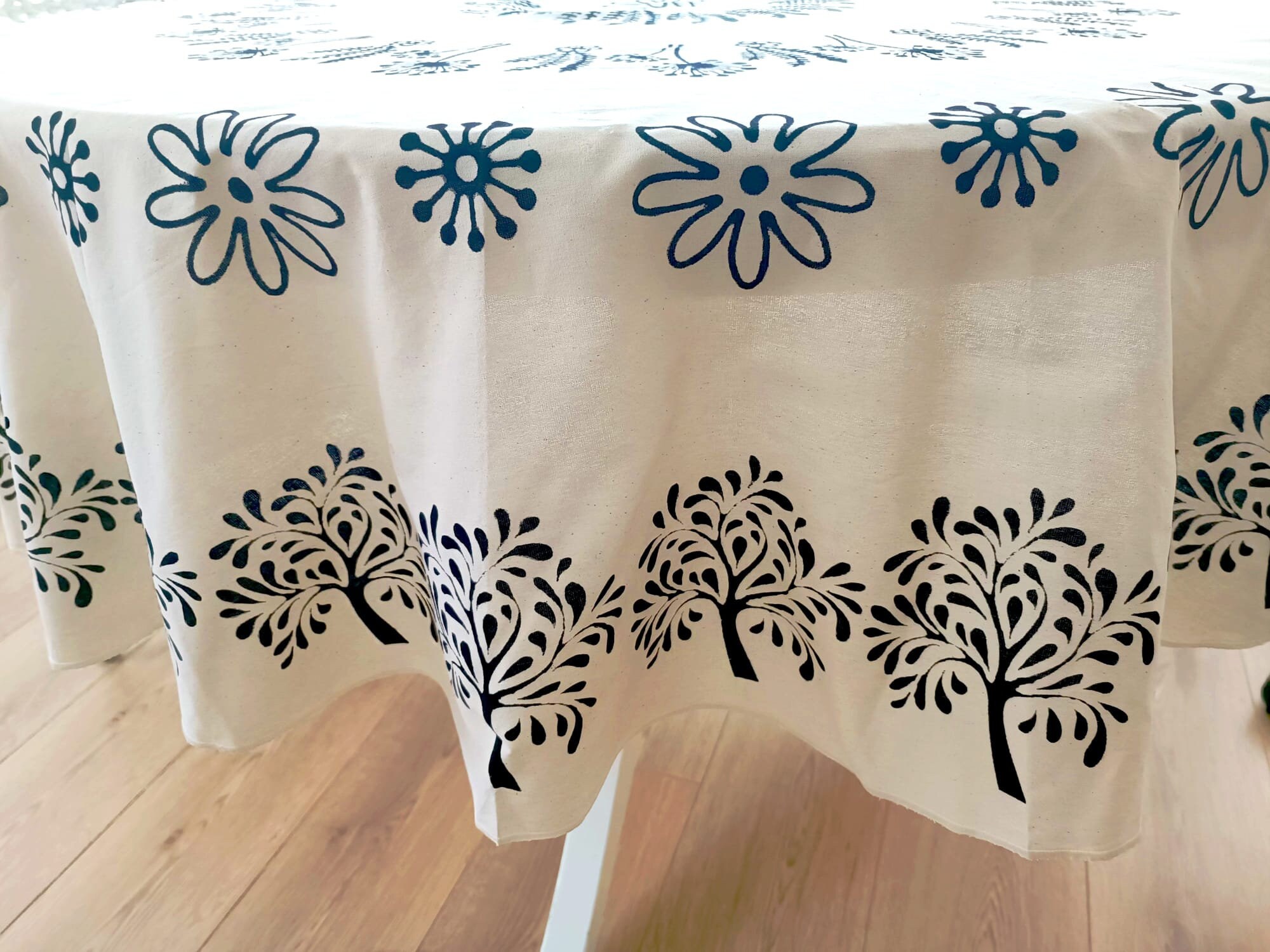 Floral Round Tablecloth: Turkish Hand Block Printed Cotton Table Cover ...