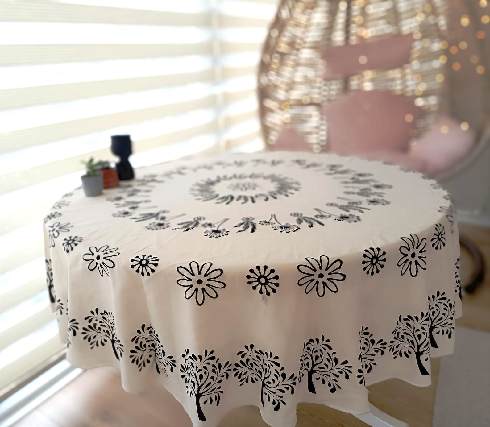Floral Round Tablecloth: Turkish Hand Block Printed Cotton Table Cover ...