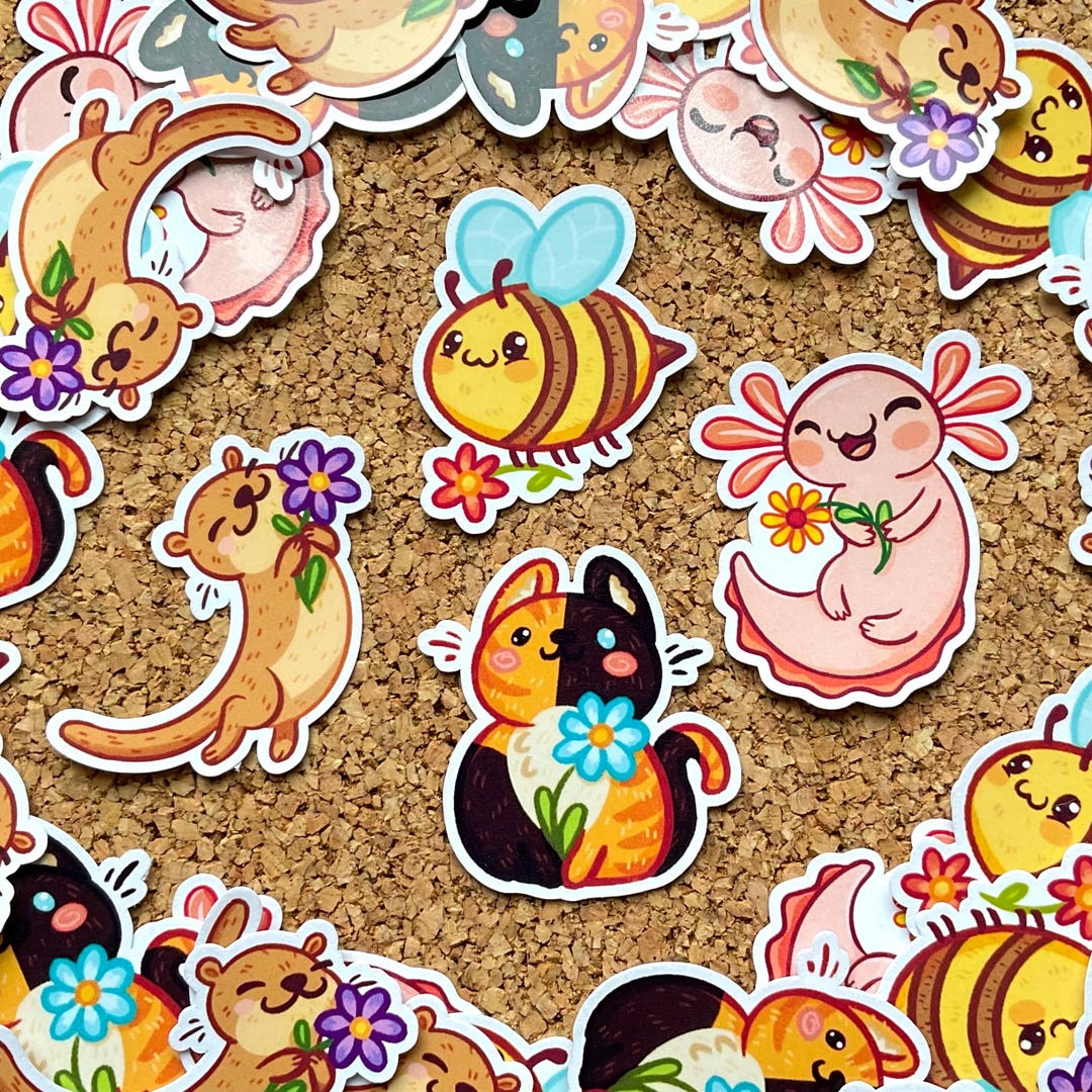 Cute Bee, Otter, Cat and Axolotl With Flowers - Vinyl Sticker - Etsy