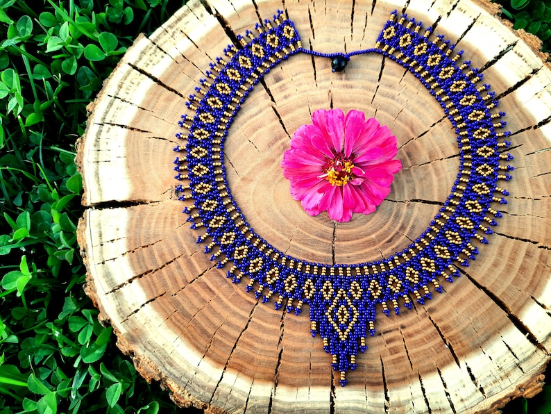 Indigo and Gold Divine Goddess Seed Bead Netted Chocker Collar Necklace ...