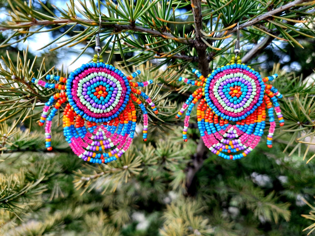 Hand-stitched Seed Bead Spider Earrings, Colorful Bohemian Dangle ...