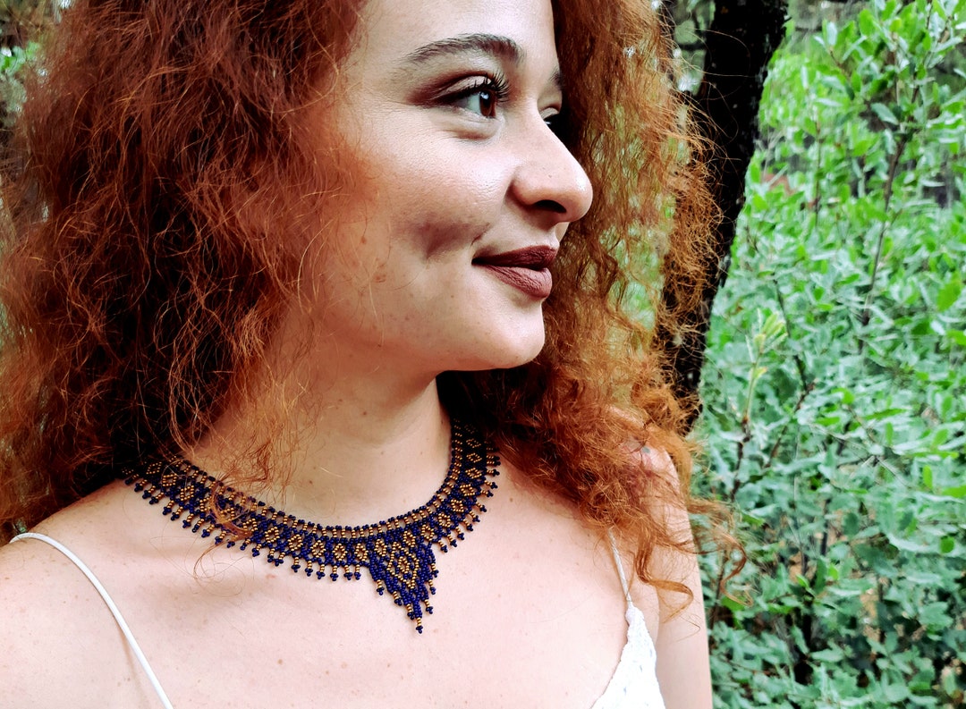 Indigo and Gold Divine Goddess Seed Bead Netted Chocker Collar Necklace ...