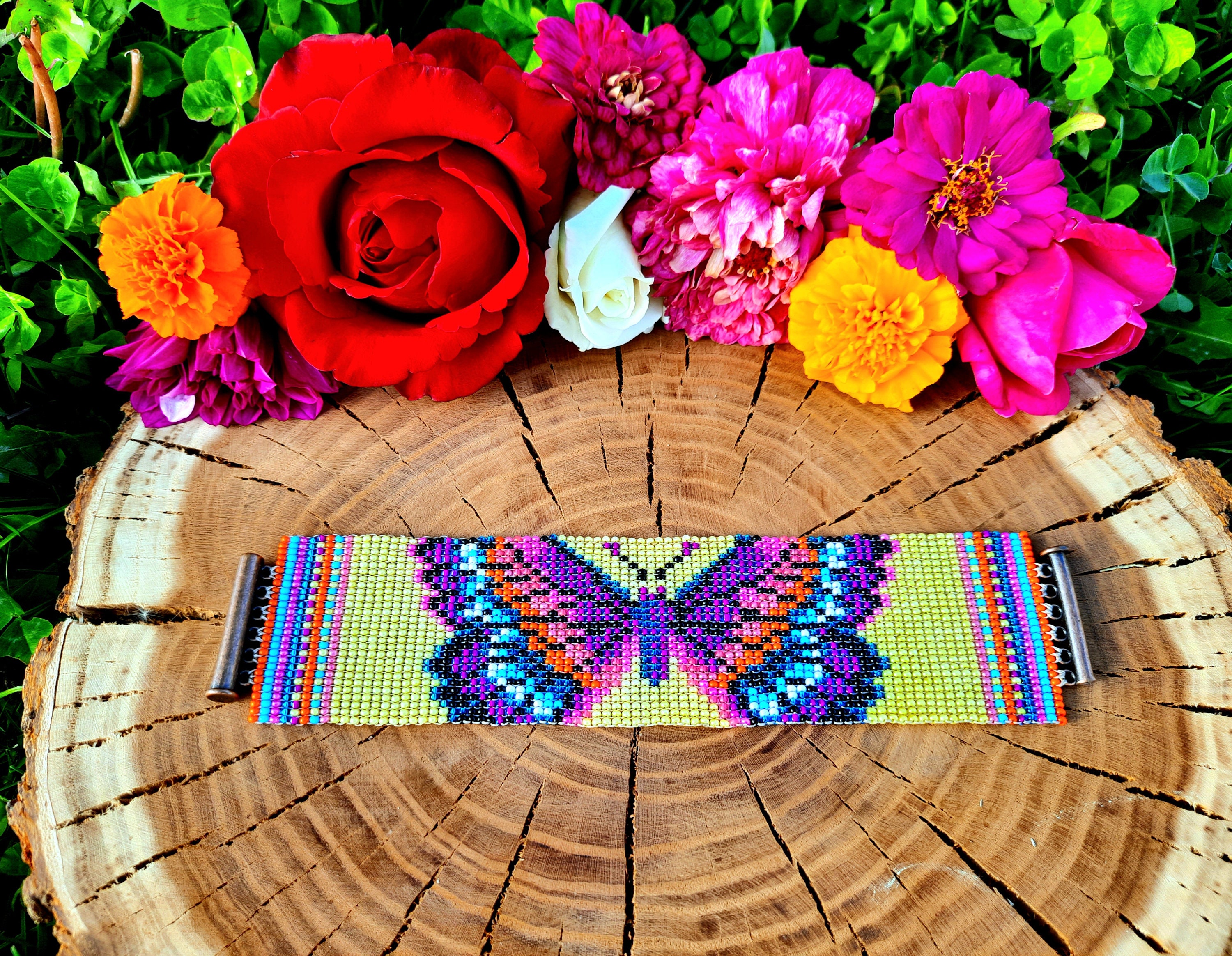 Shiny Butterfly Native American Style Multicolor Hand-sewn Beaded Wide ...