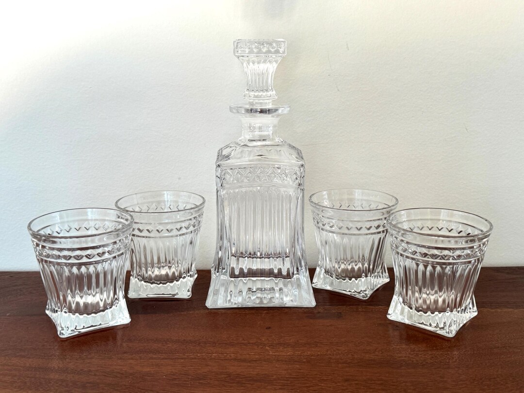 Vintage Whiskey Rock Glasses & Decanter Set - 4 Double Old Fashioned ...