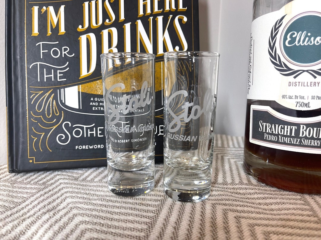 Vintage STOLI Russian Vodka Set of 2 Clear Glass Tall Shooter Cordial ...