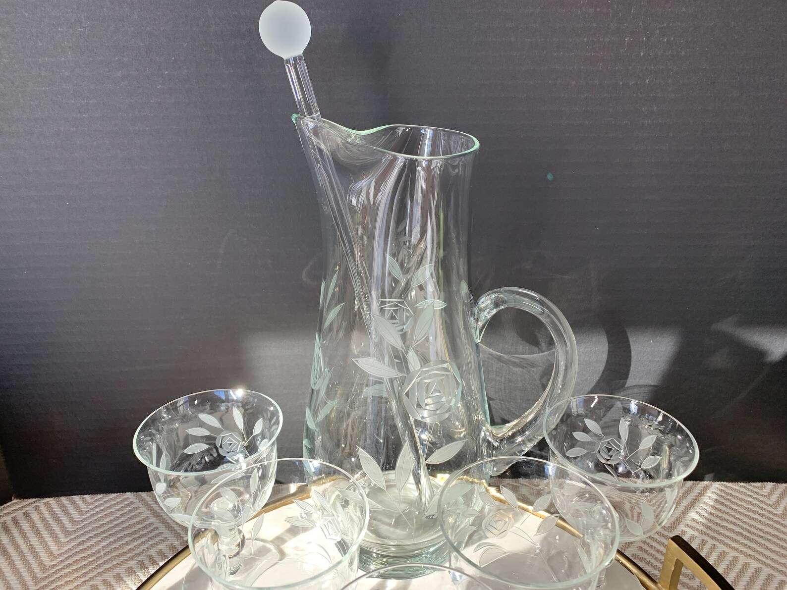 Stunning Vintage Floral Rose Etched Water Pitcher With 5 - Etsy