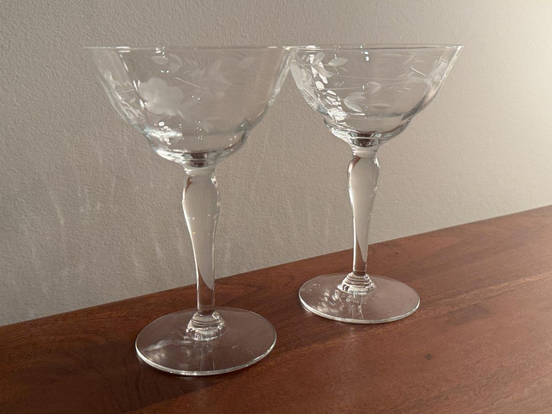 Vintage Set of 2 Fancy Floral Etched Crystal Coupe Champagne Craft ...