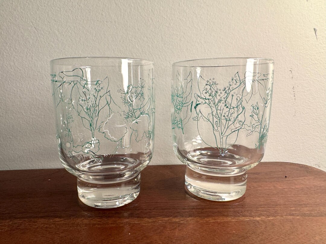 Set of 2 Beautiful Botanical Green Flowers Drinking Glasses, Craft ...