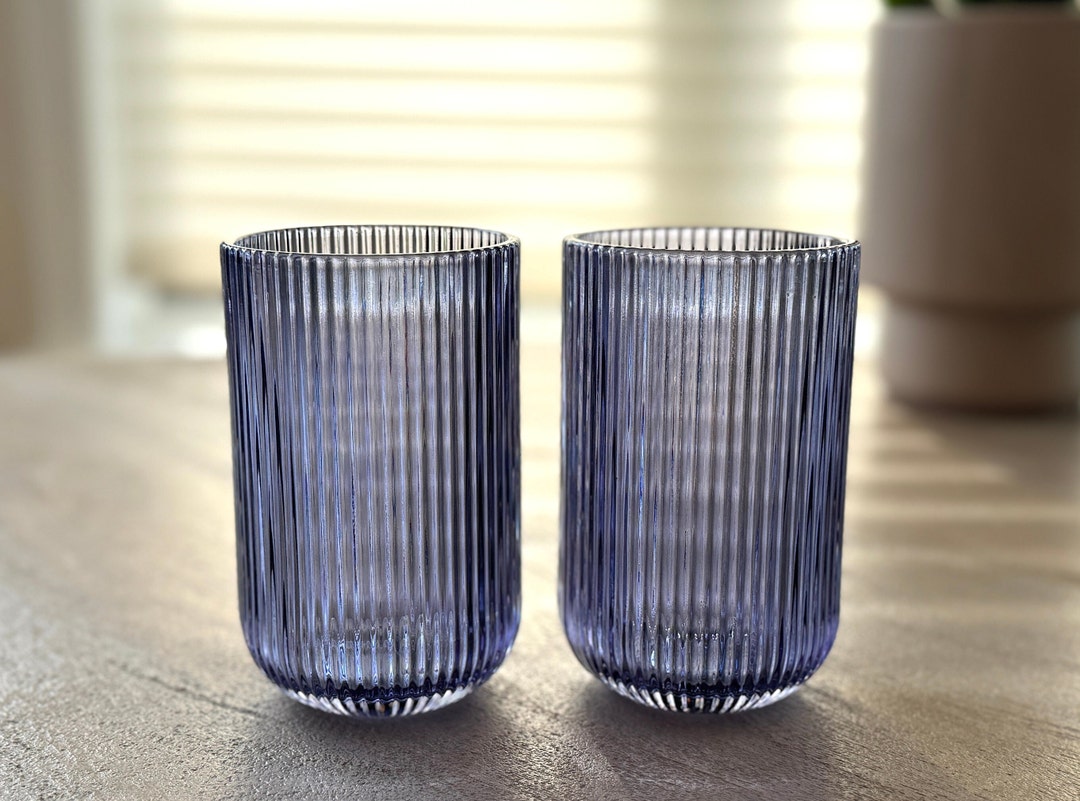 Vintage Style Fun Textured Blue Ridges - Set of 2 Cooler Glasses 14.5 ...