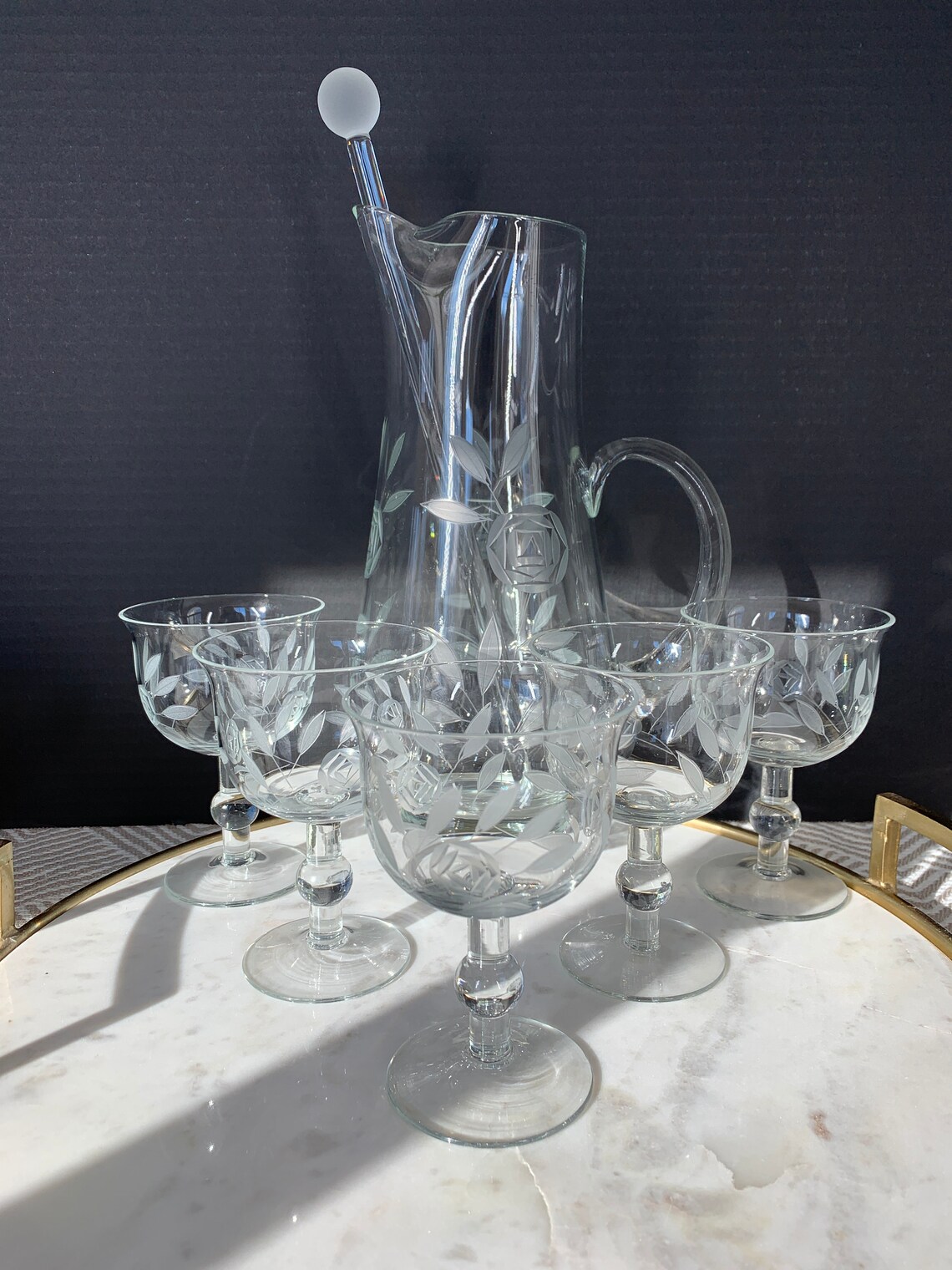 Stunning Vintage Floral Rose Etched Water Pitcher With 5 - Etsy