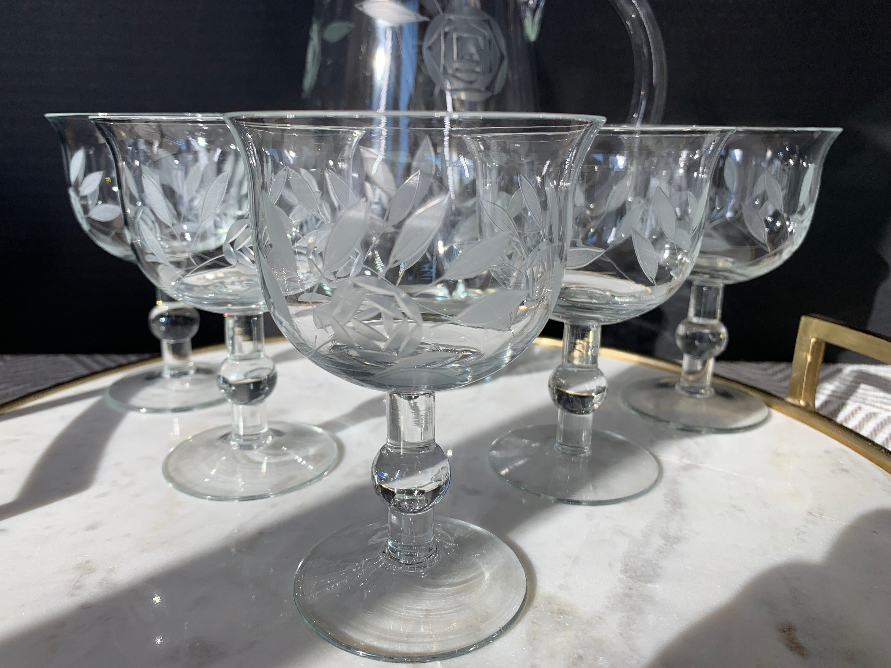 Stunning Vintage Floral Rose Etched Water Pitcher With 5 - Etsy