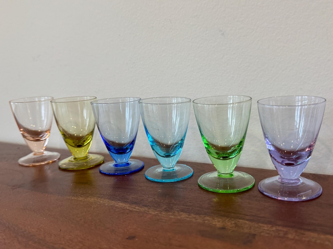 6 Vintage Adorable Colorful Cordial Mini Taster Glasses Blue Green ...