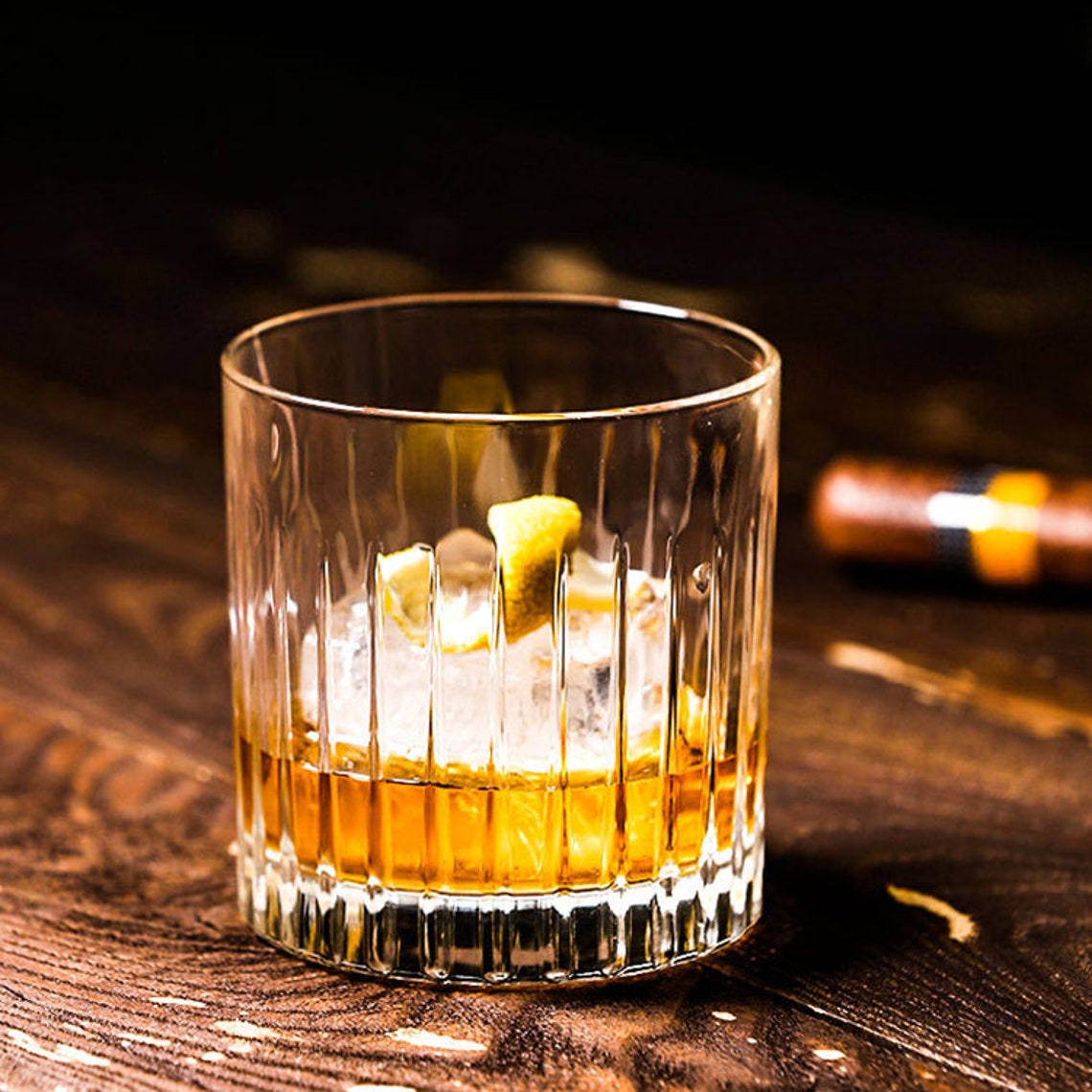 Vintage Style Pinstripe Cut Set 2 Faceted Double Rocks Old Fashioned ...