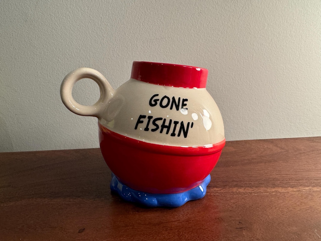 Cute Gone Fishin Ceramic Bobber Coffee Mug - Mig Mouth - Red & White ...