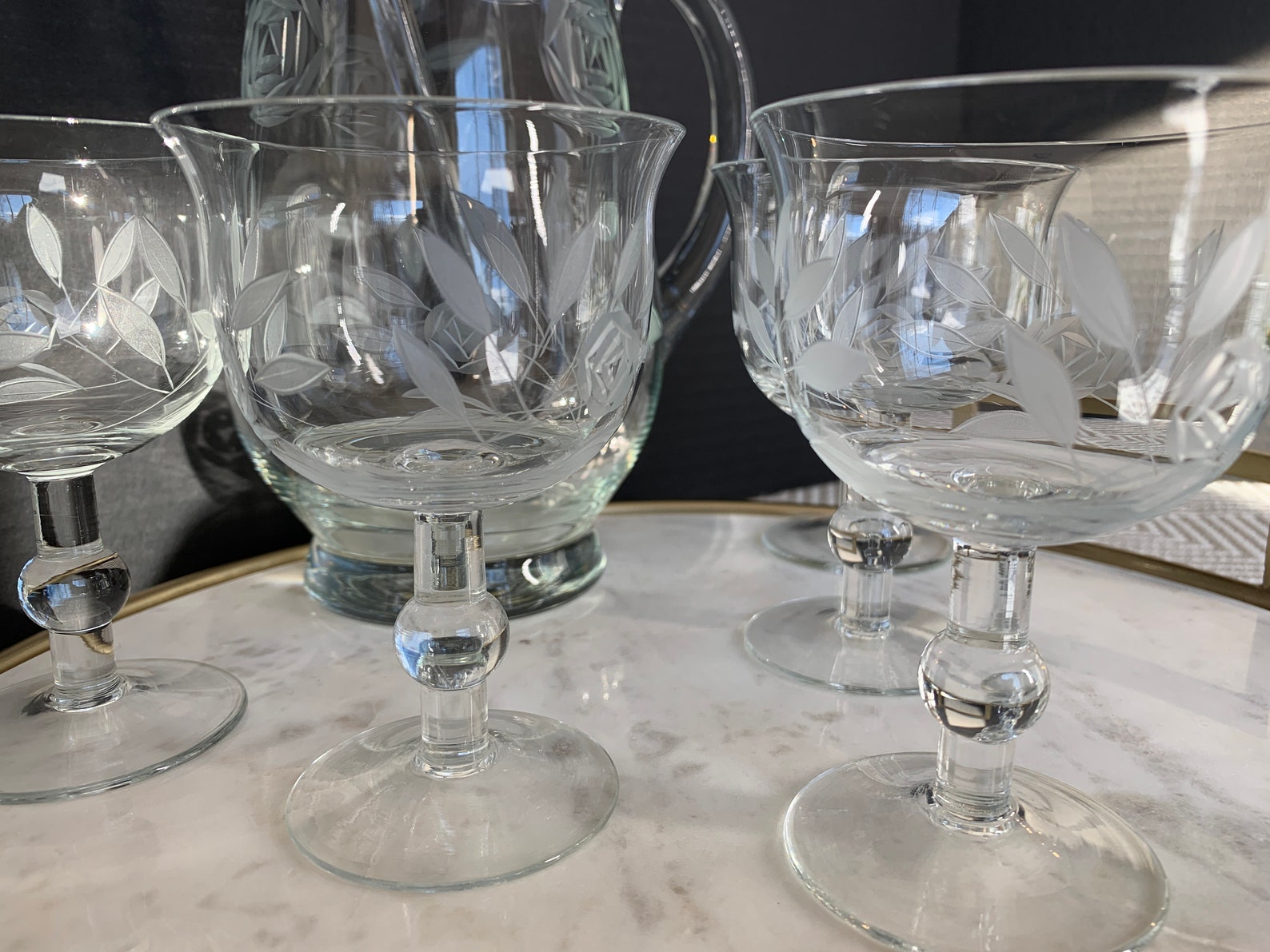 Stunning Vintage Floral Rose Etched Water Pitcher With 5 - Etsy