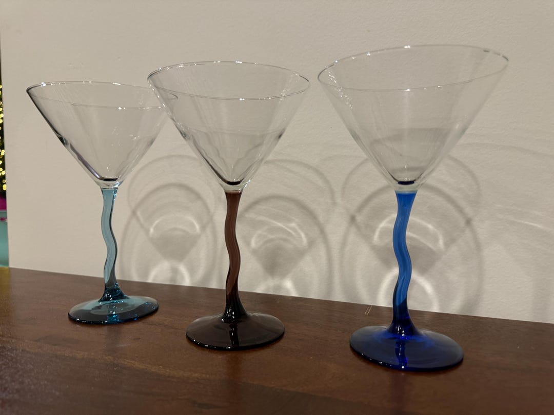 Vintage ZIG ZAG Wavy Bent Crooked Stem Glasses Set of 3 Purple Blue ...
