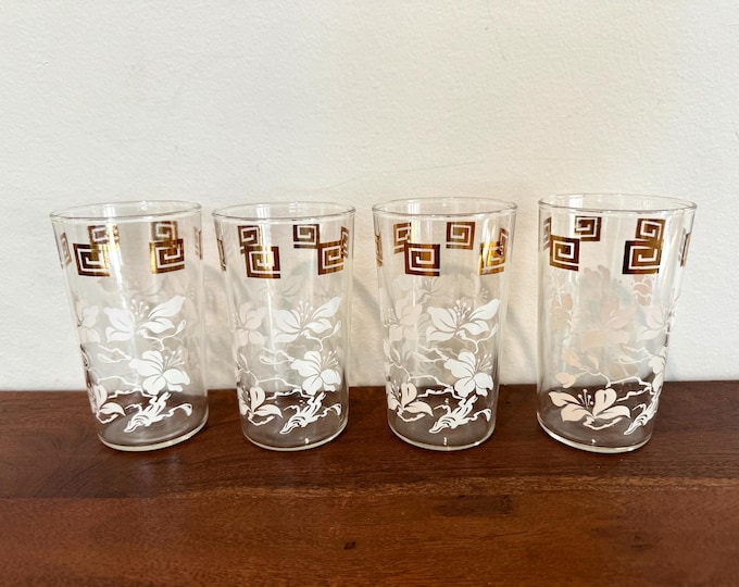 Vintage Anchor Hocking Gold Grecian Key Glass Tumblers & White Floral ...