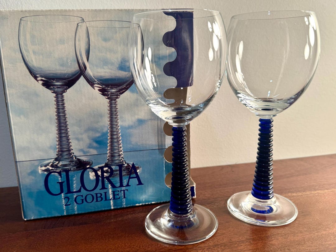 Set of 2 Vintage NOS in Box Gloria Wine Water Goblets W/ Ribbed Blue ...