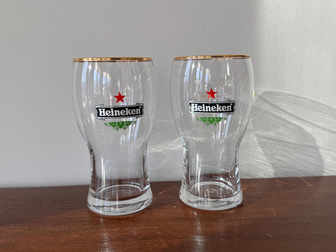 2 Retro Heineken Small Beer Glasses Vintage Barware Gold Rim 5” Tall - Etsy
