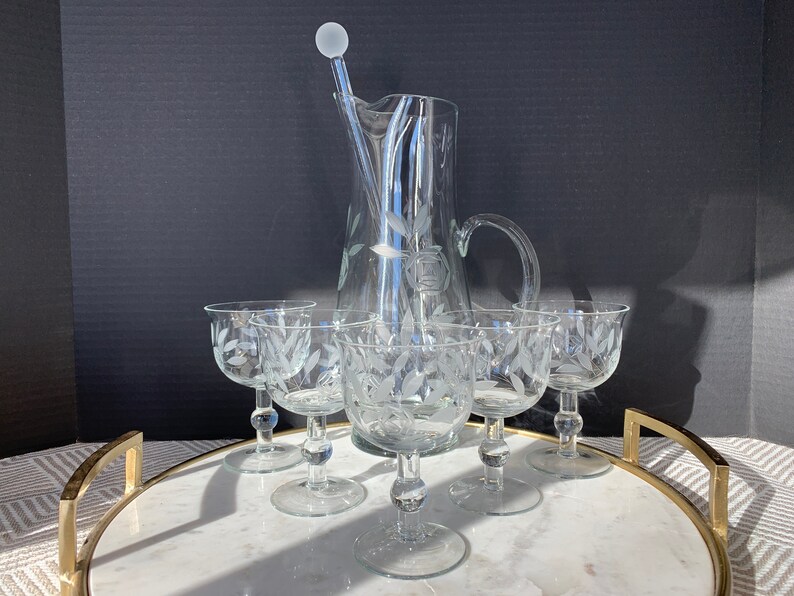 Stunning Vintage Floral Rose Etched Water Pitcher With 5 - Etsy