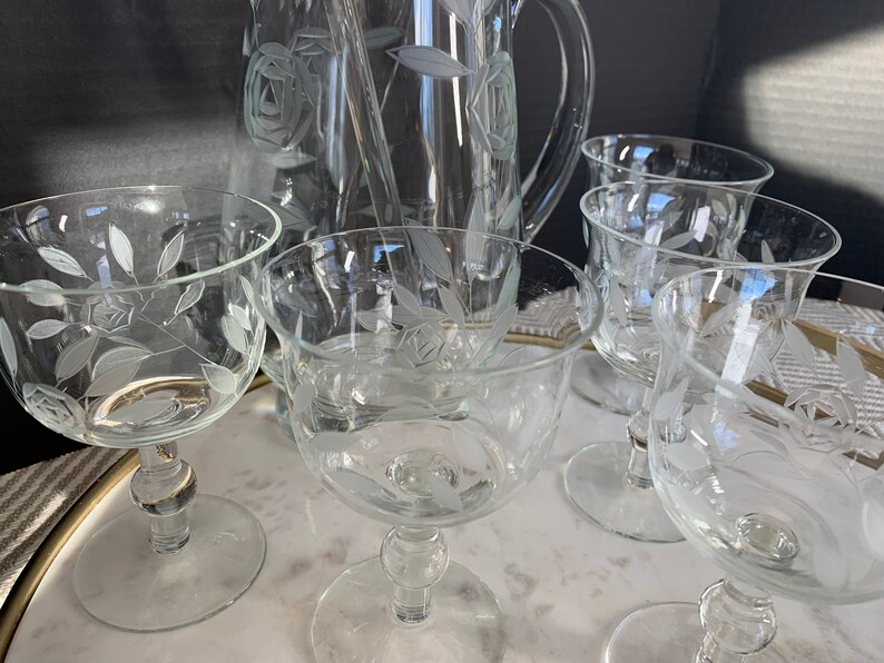 Stunning Vintage Floral Rose Etched Water Pitcher With 5 - Etsy