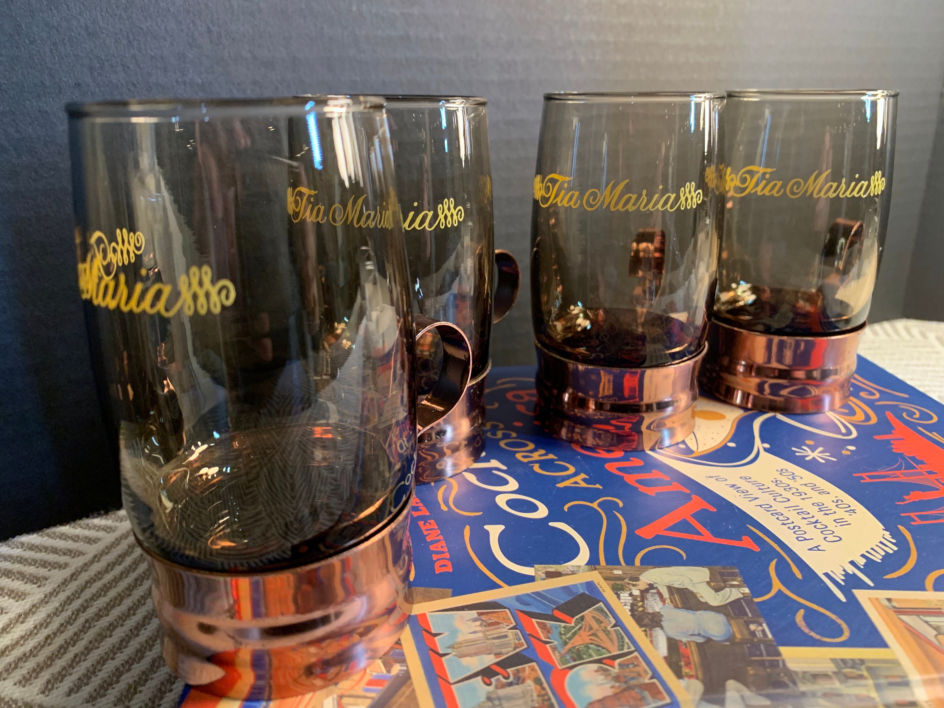 Vintage Tia Maria Jamaican Liqueur Glasses With Copper Metal & Smoked ...