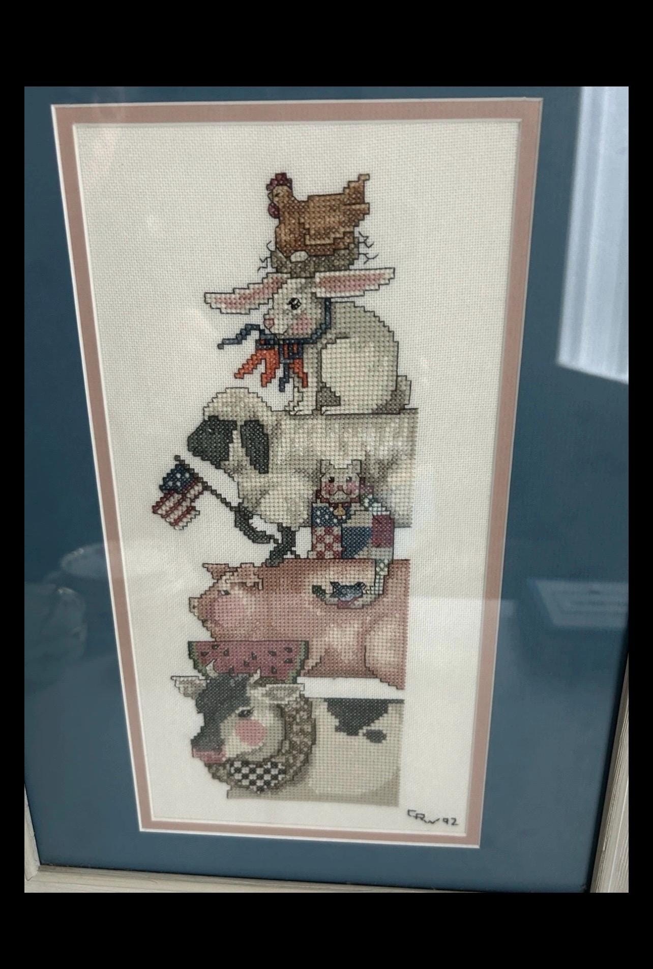 Patriotic Farm Animal Stack Completed Cross Stitch Dbl Matted 20 3/4 ...