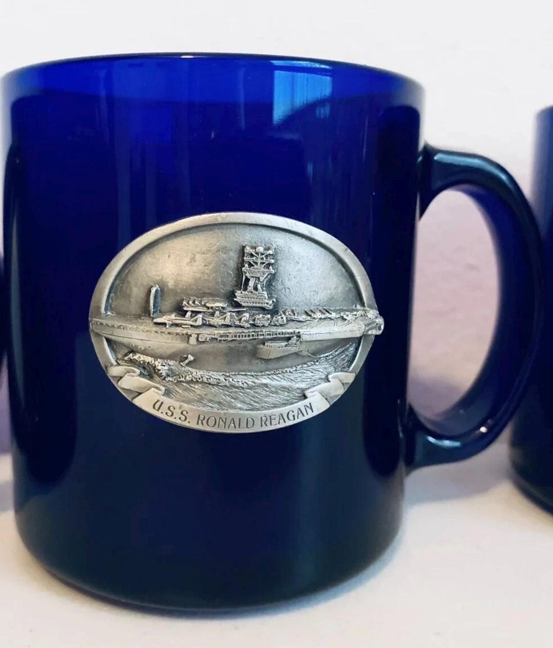 Ronald Reagan Mug U.S.S (CVN-76) Cobalt Blue Glass Coffee Mug Pewter ...