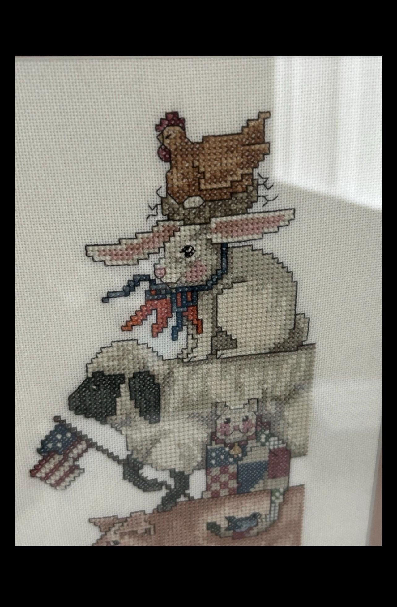 Patriotic Farm Animal Stack Completed Cross Stitch Dbl Matted 20 3/4 ...