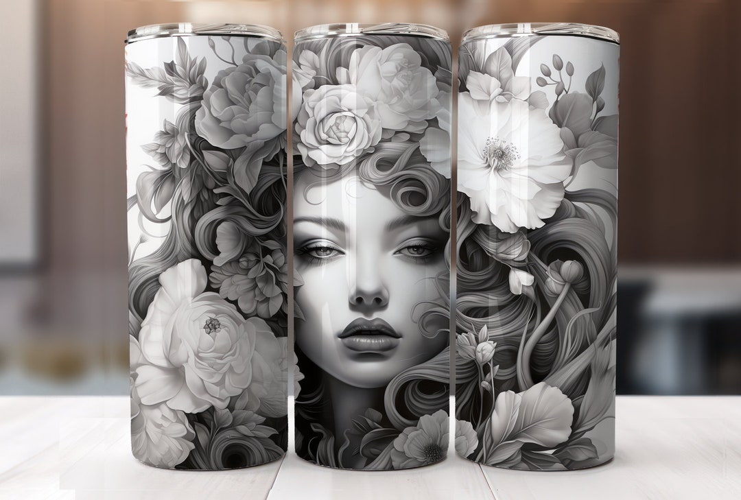 Woman Flower on Face Tumbler Design Black & White PNG on 20oz Skinny ...