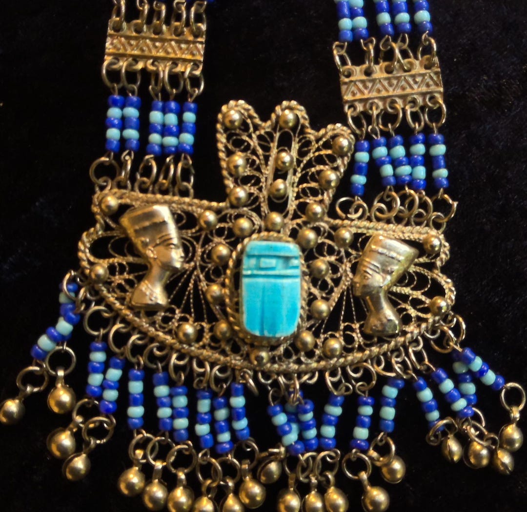 Egyption Revival Gold Tone Metal Pharos Head Beaded Necklace, Vintage ...