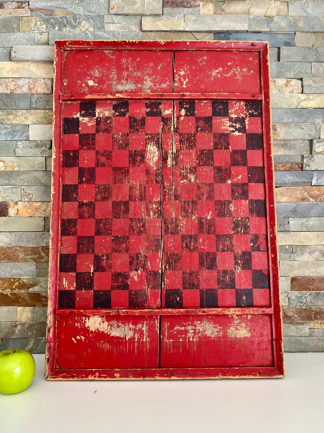 Antique Primitive Quebec Wooden Checker Game Board / Red and Black ...