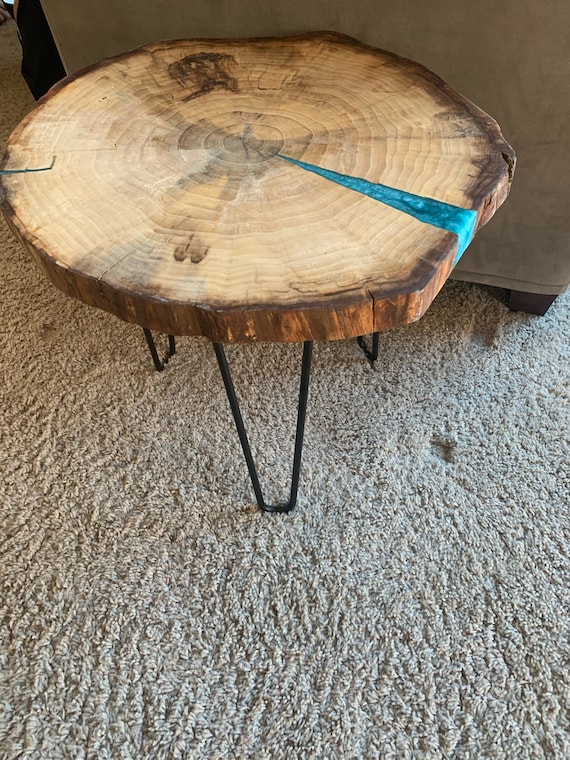 SOLD Live Edge Round Side Table With Glacier Blue Resin | Etsy