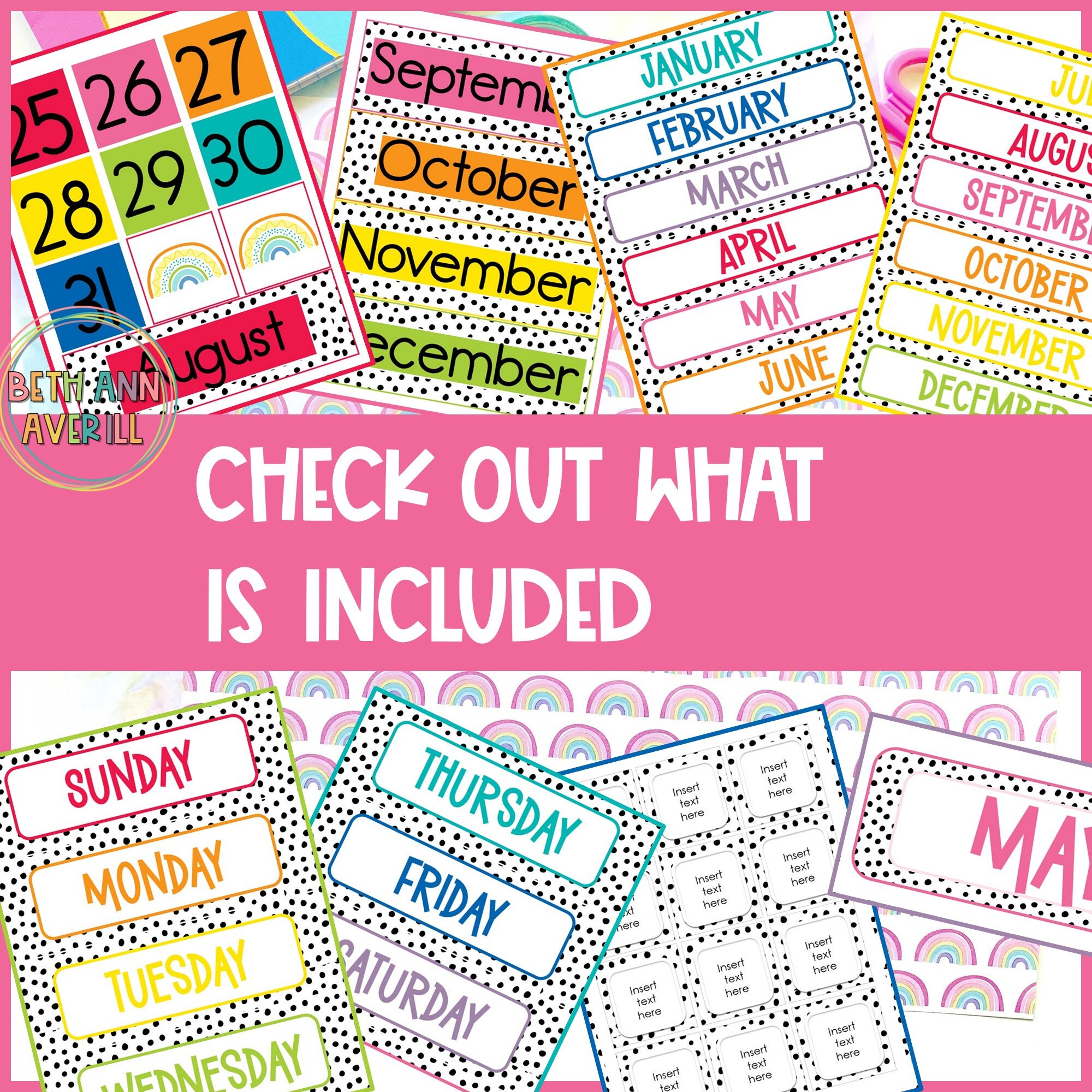 Rainbow Pop and Dots Calendar Squares That Fit Into Pocket Organizers ...