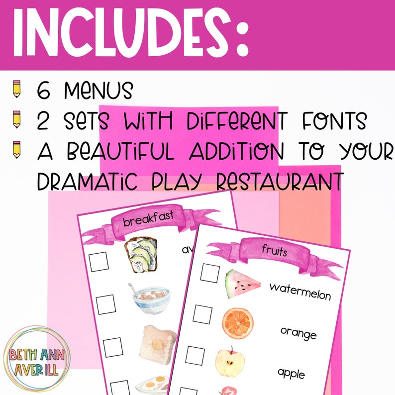 Restaurant Dramatic Play Menu for Dramatic Play for Preschoolers Cafe ...
